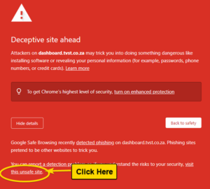 and then on the “Visit this unsafe Site” link.